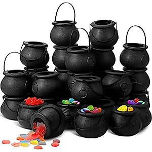 Sawysine 40 Pcs Halloween Plastic Cauldron Mini Black Witches Cauldron with Handle Halloween Candy Bucket Small Cauldron Pot