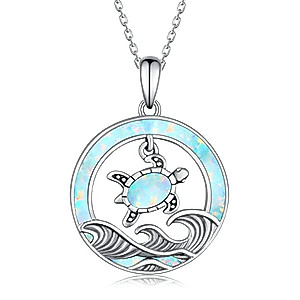 SVODEA Opal Turtle Necklace for Women 925 Sterling Silver Ocean Wave and Cute Sea Turtle Pendant Heart Necklaces Birthday Holiday Beach Jewelry for Women (Style-1)