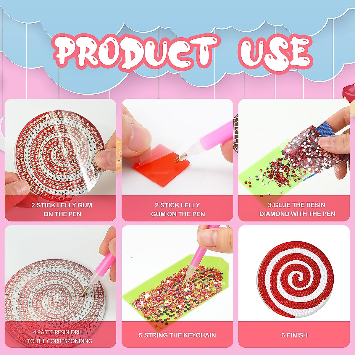 Tondiamo 20 Pcs Christmas Diamond Painting Keychain Kits 5D DIY Diamond Art Pendants Double Sided Candy Cane Hanging Diamond Painting Key Chains for Christmas Party Decoration Kids DIY Ornaments