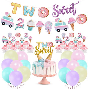 Two Sweet Ice Cream Birthday Party Decorations, Two Sweet Party Banner Cake Cupcake Toppers Macaron Balloons for Kid Ice Cream/Donut Theme Second Birthday Party Girls Ice Cream 2nd Bday Party Supplies