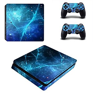 eXtremeRate Full Set Faceplate Skin Decals Stickers and 2 Led Lightbar for ps4 Slim/for ps4 Slim Console & 2 Controller Decal Covers - Blue Galaxy
