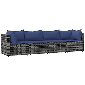 vidaXL 4 Piece Patio Lounge Set, Outdoor Furniture with Cushions- Gray Poly Rattan, Adjustable, Weather Resistant, Comfortable Seating Solution for BBQ, Garden, Poolside
