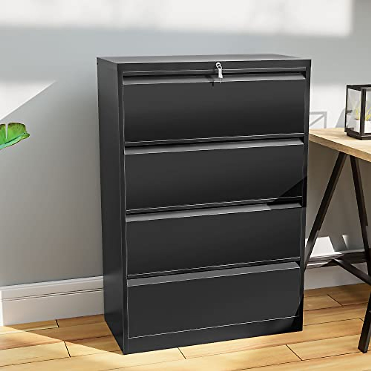 YITAHOME Lateral Filing Cabinet with Lock, 4 Drawer Metal Stainless Steel Wide Lateral File Cabinet for Legal/Letter A4 Size, Office Organizer Storage Cabinet (Black)