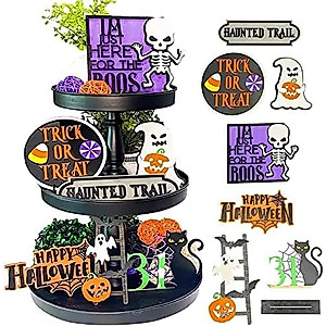 7Pcs Halloween Tiered Tray Decor Set, Farmhouse Rustic Wooden Home Coffee Bar Mini Signs for Halloween Decors, Small Pumpkin Ghost Tiered Tray Stand Vintage Items Bulk