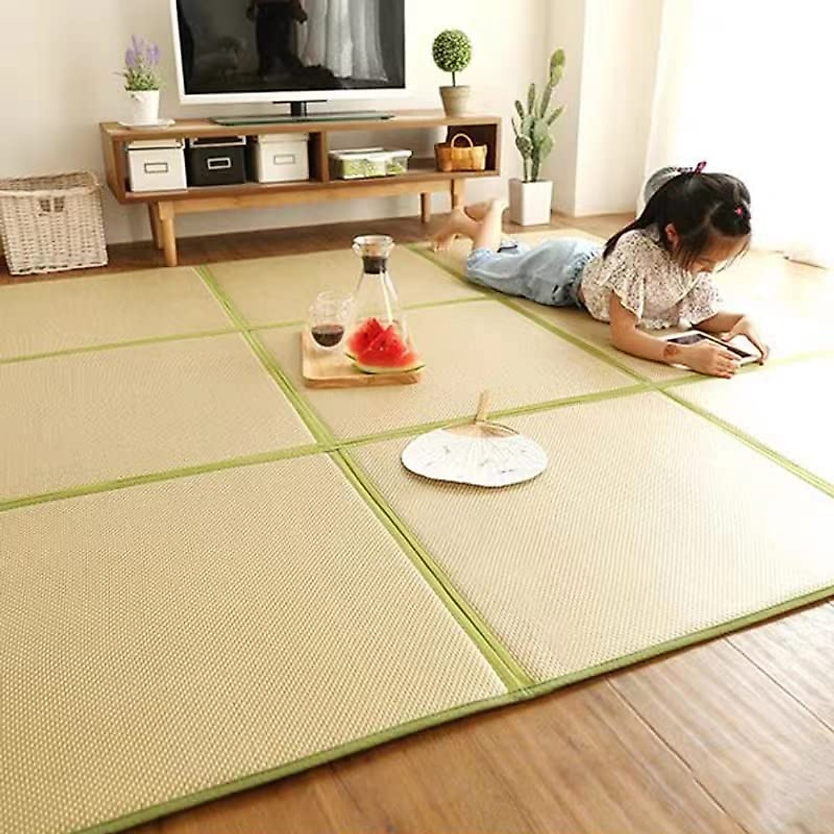 MYOYAY 71'' x 71'' Tatami Mat Rattan Japanese Floor Mats 0.47'' Thick Igusa Tatami Futon Mattress Non-Slip Breathable Memory Foam Tatami Area Rug Mat Bedroom Yoga Zen Sleeping Crawling(Green)
