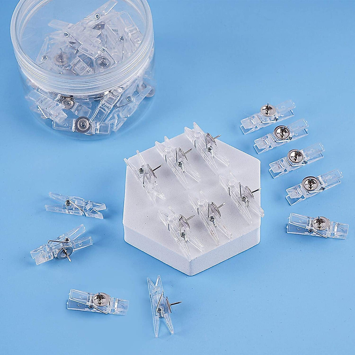 32 Pieces Reusable Push Pin Clips Photo Clips, Mini Transparent Plastic Tacks Thumbtacks Clothespins Decorative Craft Paper Clips for Cork Boards Wall Artworks Notes Photos Craft Accessories, Clear