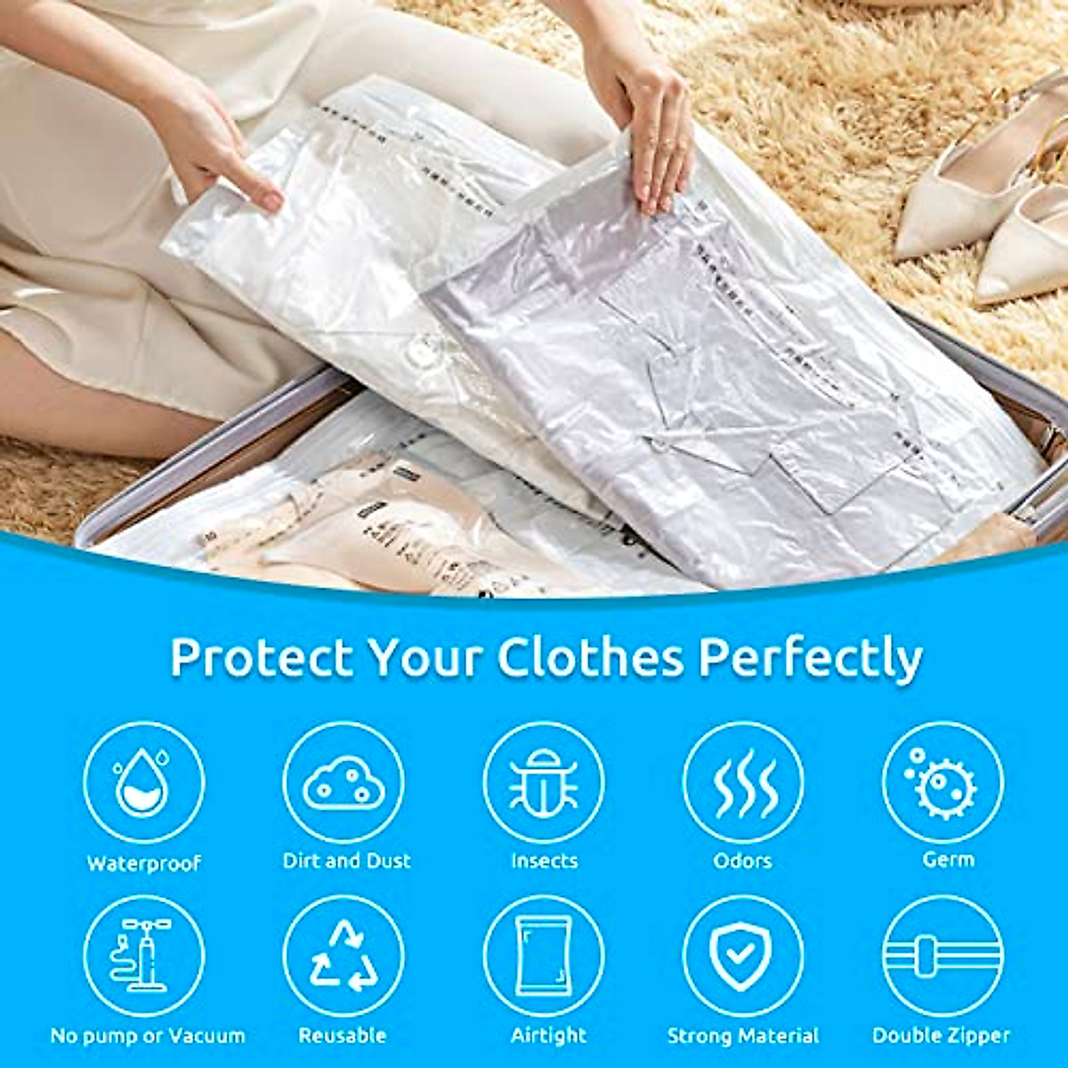 COSadiman Vacuum Storage Bags Space Saver Bags with Hand Pump, 6 PCS Plain/Flat Heavy Duty Space-saving Storage Bags,Vacuum Sealed Bags for Beddings Quilt Clothes Blankets Comforters Closet Organizers, Save Up 80% Space (Large, Transparent)