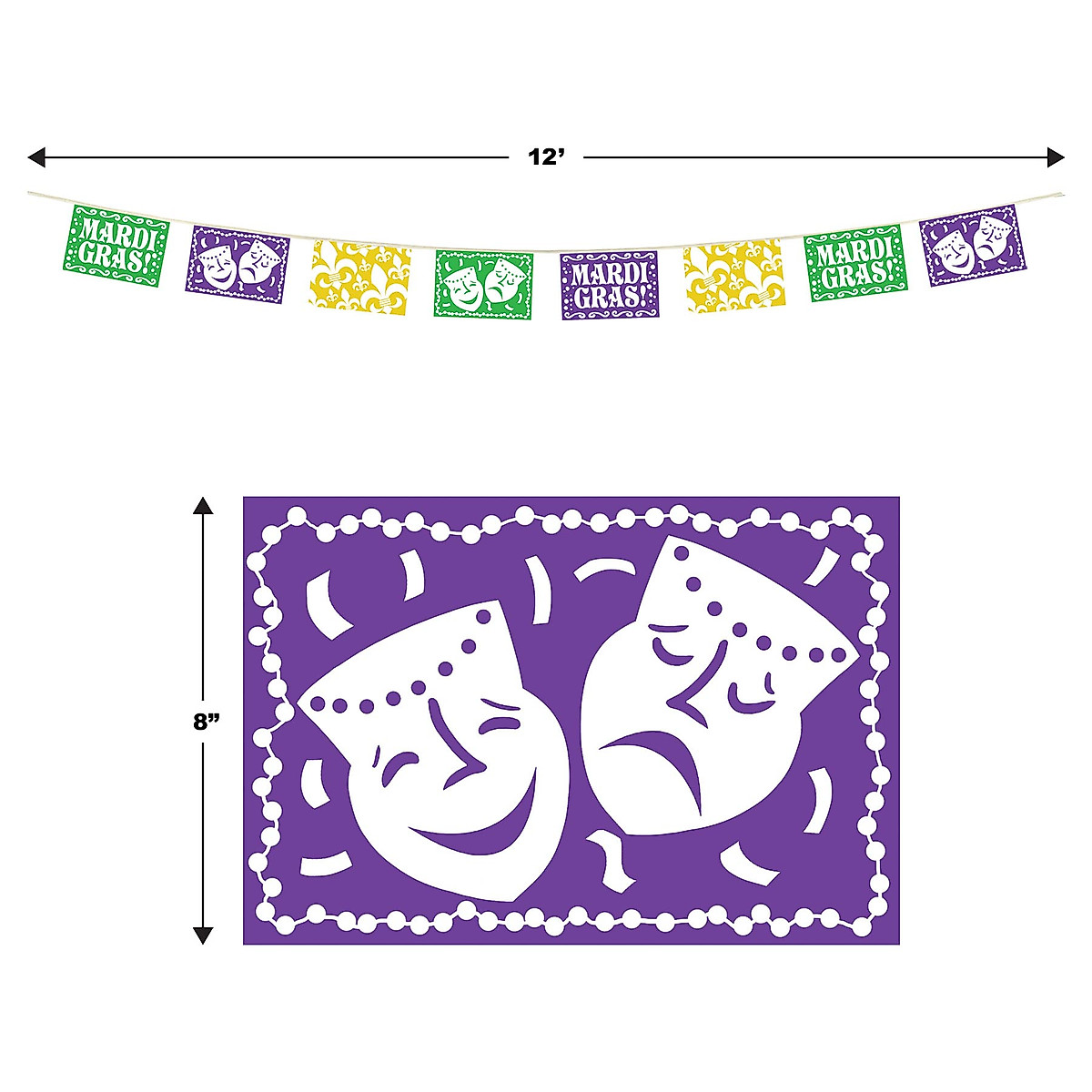 Beistle Weather Plastic Picado Style Pennant Banner Mardi Gras Photography Background Party Decorations New Orleans Hanging Décor, 8" x 12', Green/Yellow/Purple