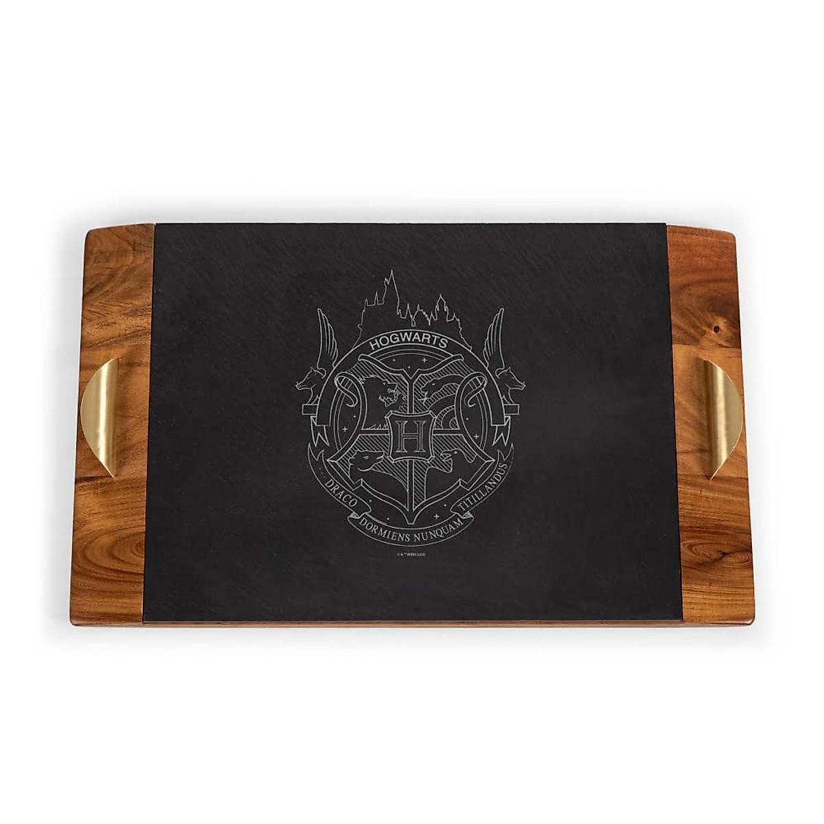 PICNIC TIME Harry Potter Hogwarts Covina Acacia and Slate Serving Tray, Charcuterie Board Set, Cheese Board, (Acacia Wood & Slate Black with Gold Accents)