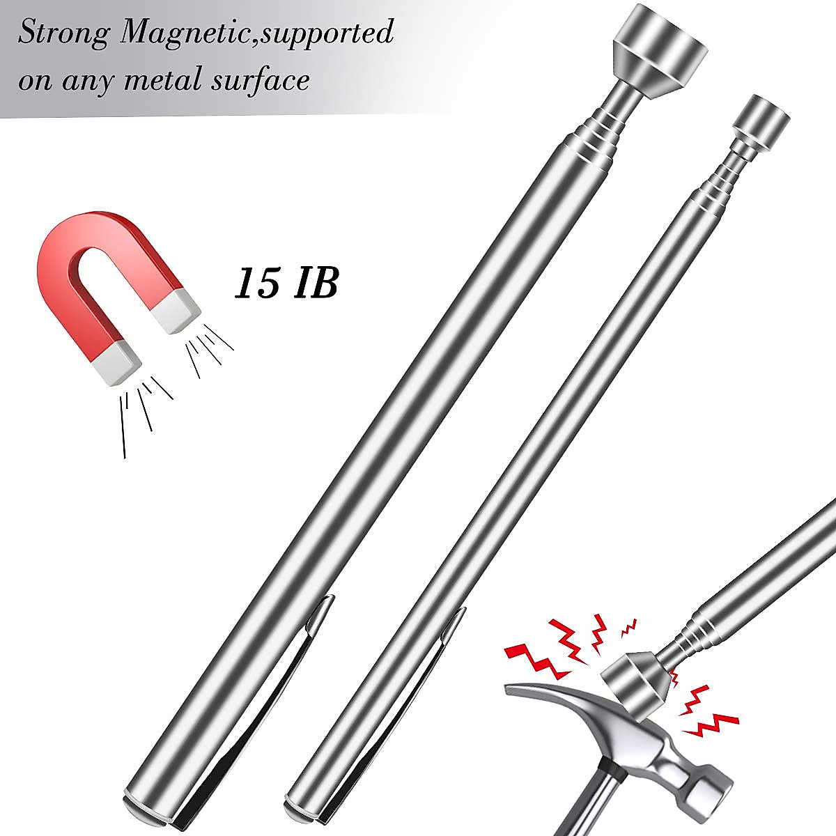 Magnetic Pick-up Tools,5PcsTelescoping Magnetic Pick-Up Tool Dad Father Christmas Gift 15lb/1lb Pick Up Rod, Telescoping Flexible 3 Led Flashlight Round/Square 360° Swivel Adjustable Inspection Mirror