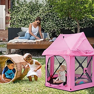 Hiseeme Baby playpen with Canopy,Extra Large Portable Play Yard Indoor and Outdoor,Toddler Play Yard with Double-Layer mesh Shade Cloth skylights,Suitable for Home,Beach,Travel,Easy to Clean,Pink