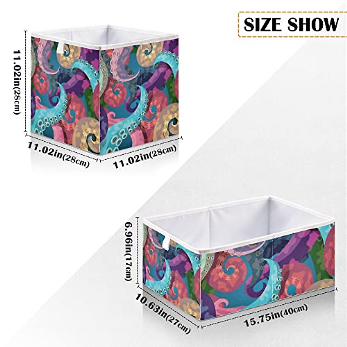 Colorful Octopus Tentacles On Blue Rectangular Collapsible Open Storage Bins, Foldable Toy Nursery Basket Bin Cloth Cube Organizer with Handles for Shelves Closet