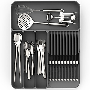 OUTXE Silicone Silverware Drawer Organizer, Non-Slip Utensil Organizer for Kitchen Drawers, Cutlery Tray with Extra Knife Block, 4 Compartments Flatware Organizer for Spoon and Fork, Grey