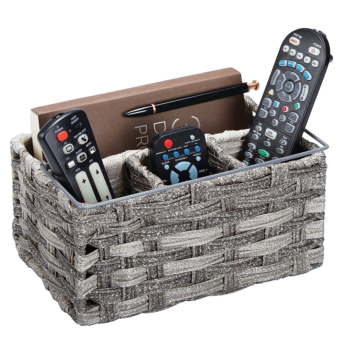 mDesign Plastic Woven Divided Cutlery Storage Organizer Caddy Tote - Basket Holder for Kitchen Table, Cabinet, Pantry - Holds Silverware, Forks, Knives, Spoons, Napkins and other Utensils - Gray