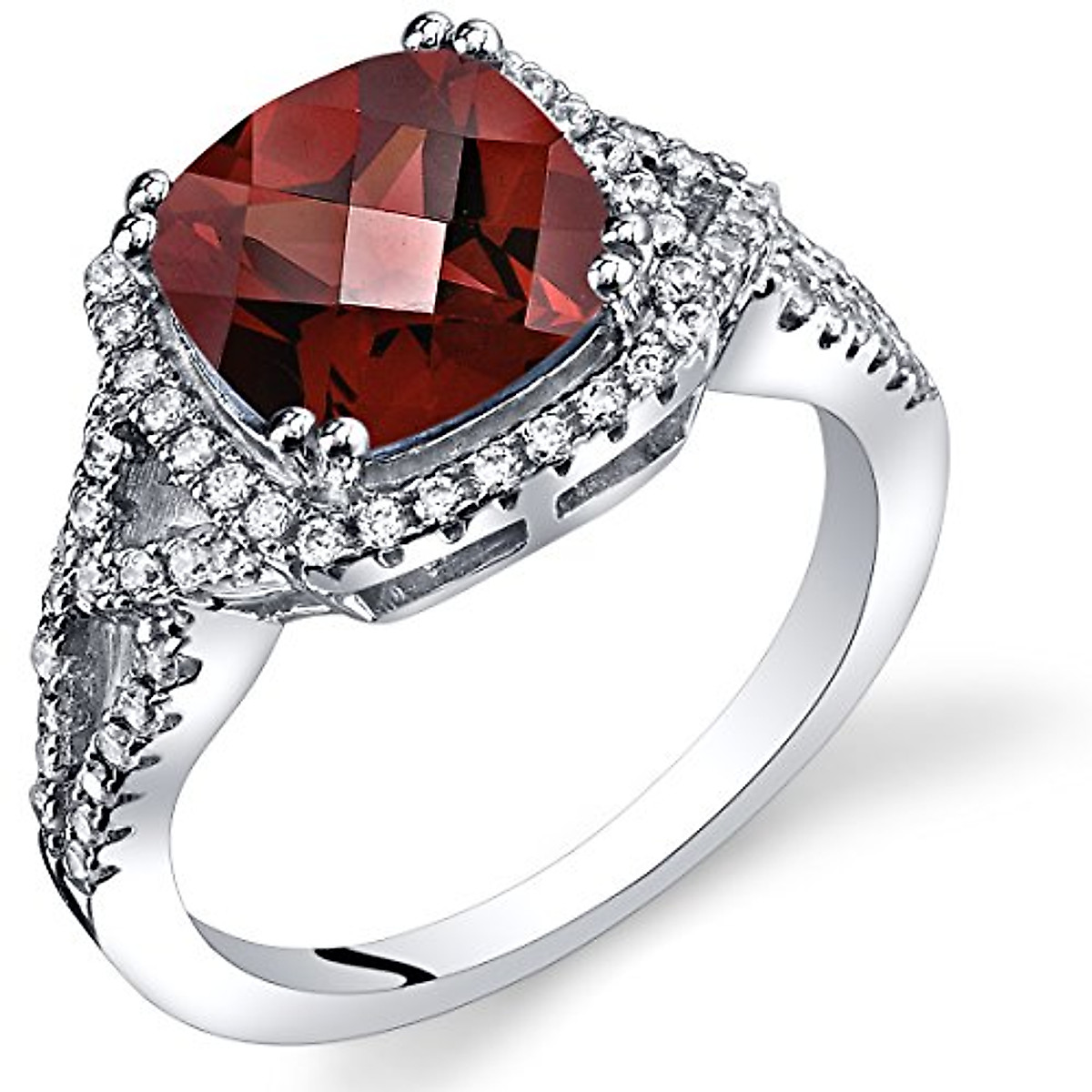 PEORA Garnet Enchanting Halo Solitaire Ring for Women 925 Sterling Silver, Natural Gemstone Birthstone, 2.50 Carats Cushion Cut 8mm, Size 9