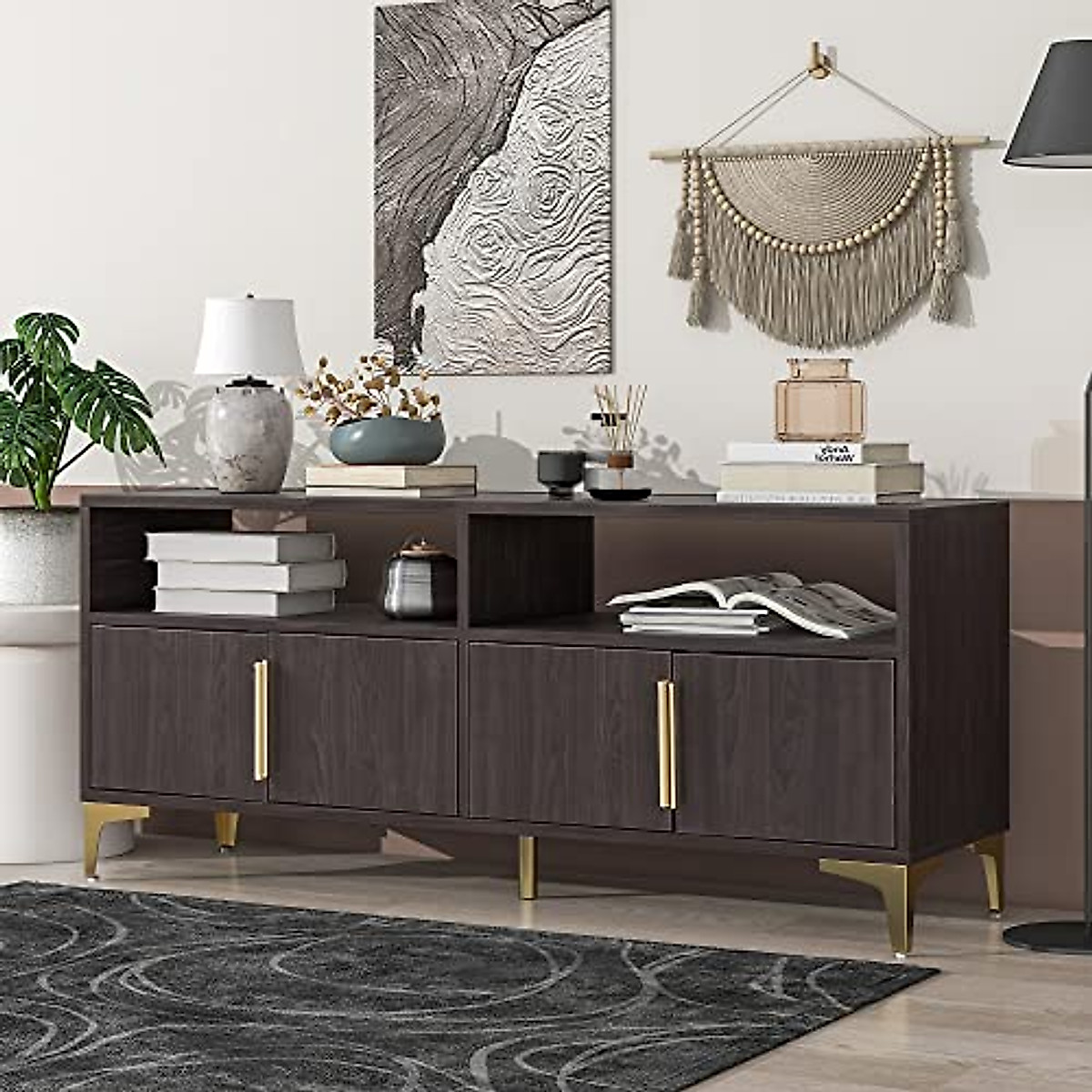 Merax Rustic Buffet Sideboard, Wood Storage Cabinet, Console Table with Open Shelves, 4 Doors for Living Room Kitchen Dining Room Espresso