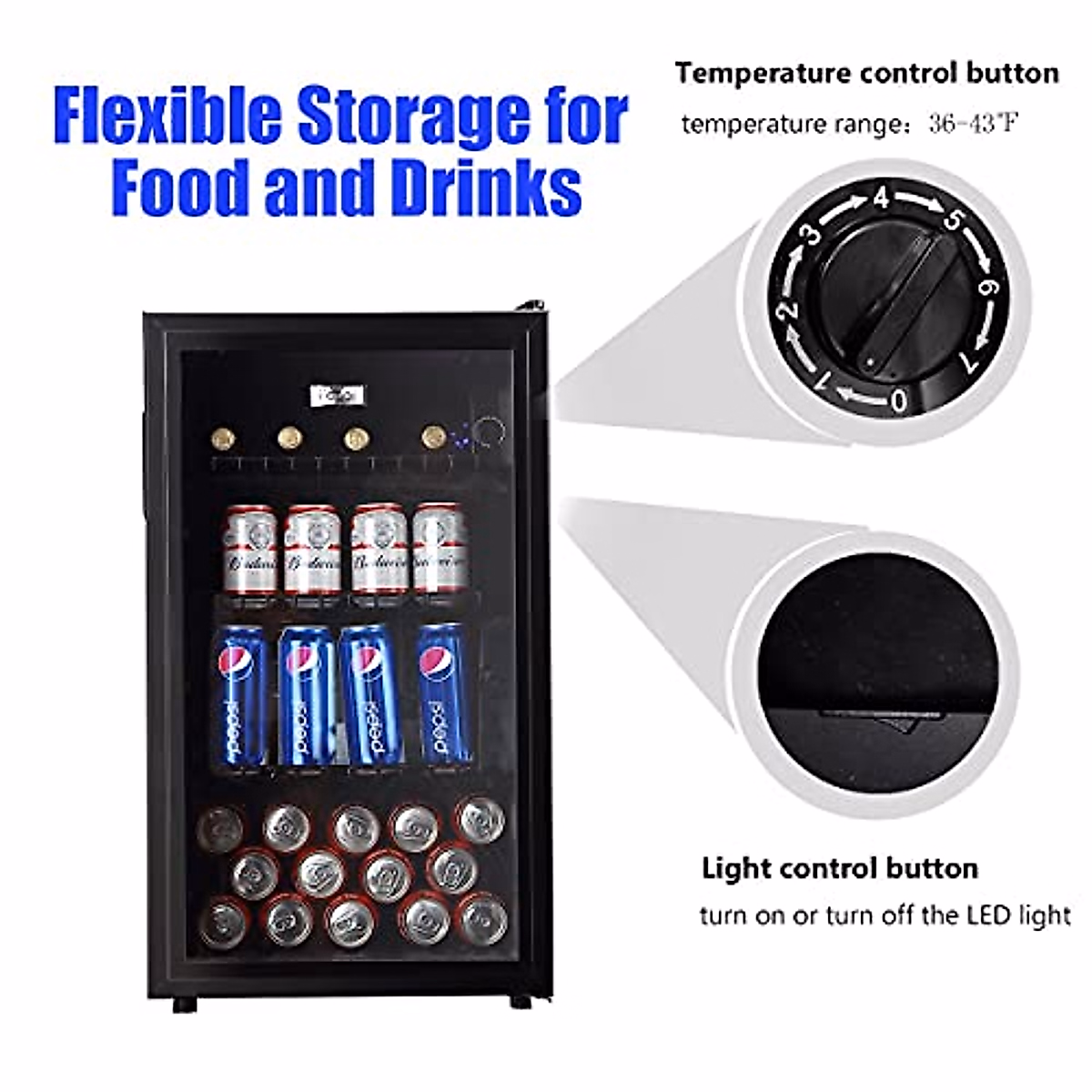WANAI Beverage Refrigerator Cooler Fridge Glass Door 100Can Beer Fridge Cooler Drinks Wines Juice Soda Cooler Adjustable Shelves Blue LED Lights Temp Control for Home Office Dorm 3.2 Cu. Ft Shelves Blue LED Lights Temp Control for Home Office Dorm Bar 3.2