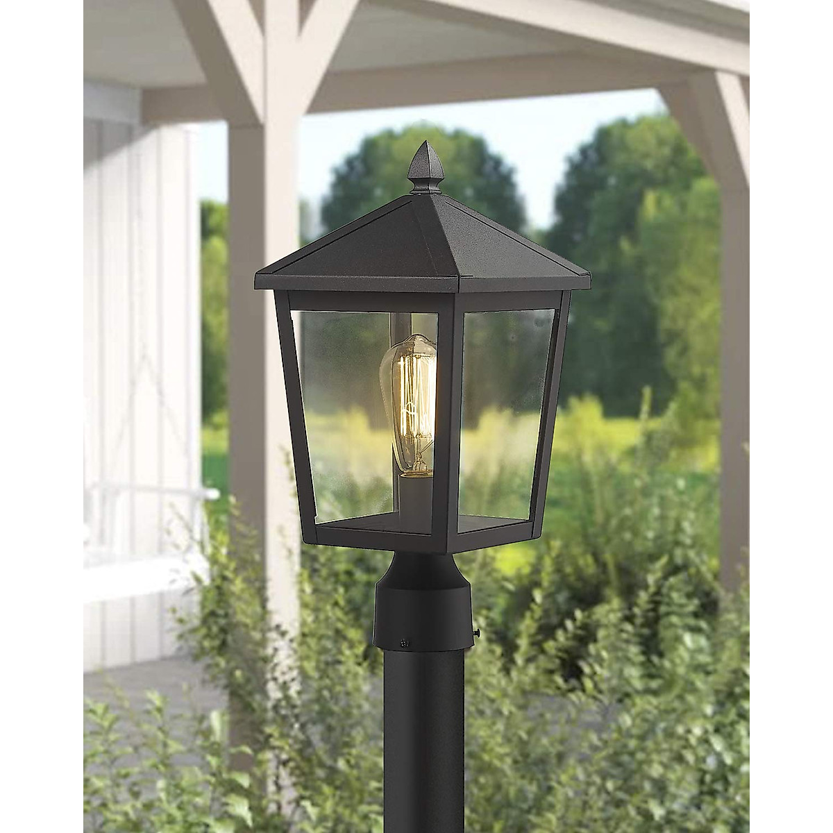 zeyu Outdoor Post Light, 16 Inch Exterior Pole Light Pillar Lantern with Clear Glass Shade and Black Finish, 20076P