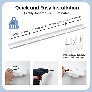 Picture Ledge Shelf, Floating Shelves Set of 2, Solid Pine Wood 72'' Long Large Nursery Book Shelves for Toys Storage, Kids Bookshelf for Living Room Bedroom Decor Books Photo Frames, White