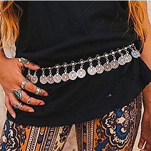 idealway Gypsy Silver Dangle Coins Belly Chain Hippie Boho Belt Belly Dance Chain Body Jewelry (AS)