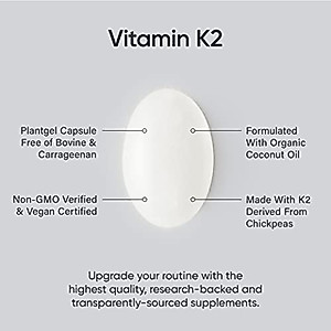 Sports Research Vitamin K2 as MK7 with Organic Coconut Oil | Made with MenaQ7 from Fermented Chickpea | Non-GMO Verified, Vegan Certified (60 Veggie-Softgels)