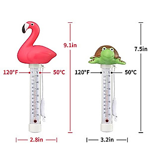 2 Packs Floating Pool Thermometer, Flamingo & Turtle Design Large Size Easy Accurate Readings for Water Temperature, Shatter Resistant with String for Outdoor & Indoor Swimming Pools & Spas