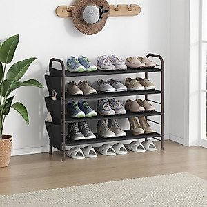 SUOERNUO Shoe Rack Storage Organizer 4 Tier Free Standing Metal Shoe Shelf Compact Shoe Organizer with Side Bag for Entryway Closet Bedroom,Bronze