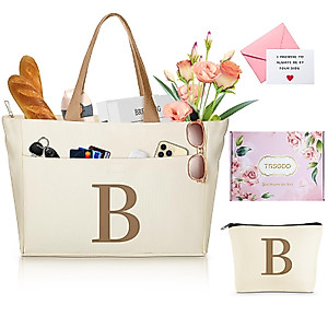 TRSODD Birthday Gifts for Women w Makeup Bag, Ini-tial Can-vas Tote Bags, Personalized Customized Bride Wedding Sister Couple Unique Gifts, Mono-gram Travel Beach Bag w Inner Pocket Card Gift Box B