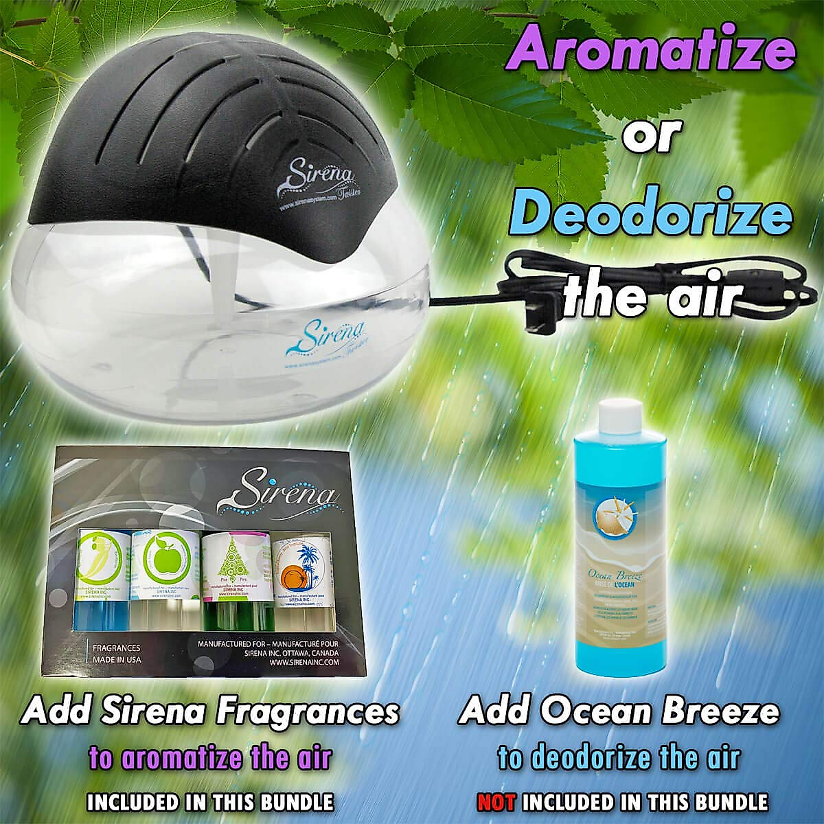 Sirena Twister Deluxe Pack (Black) including Fragrance Pack- Water Filter Air Freshener For Home and Office - Essential Oil Aroma Diffuser With LED Night light - Small Air Cleaner For Smoke and Pets