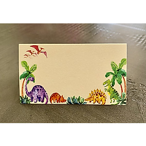 Dinosaur Place Cards - 25 Pack - Dinosaur Themed Card Labels for Food. Name Cards for Kids Birthday Parties, Jungle Theme Parties, Sleepover Parties, Cocktail Parties, and Buffets. 2” x 3.5” Folded.