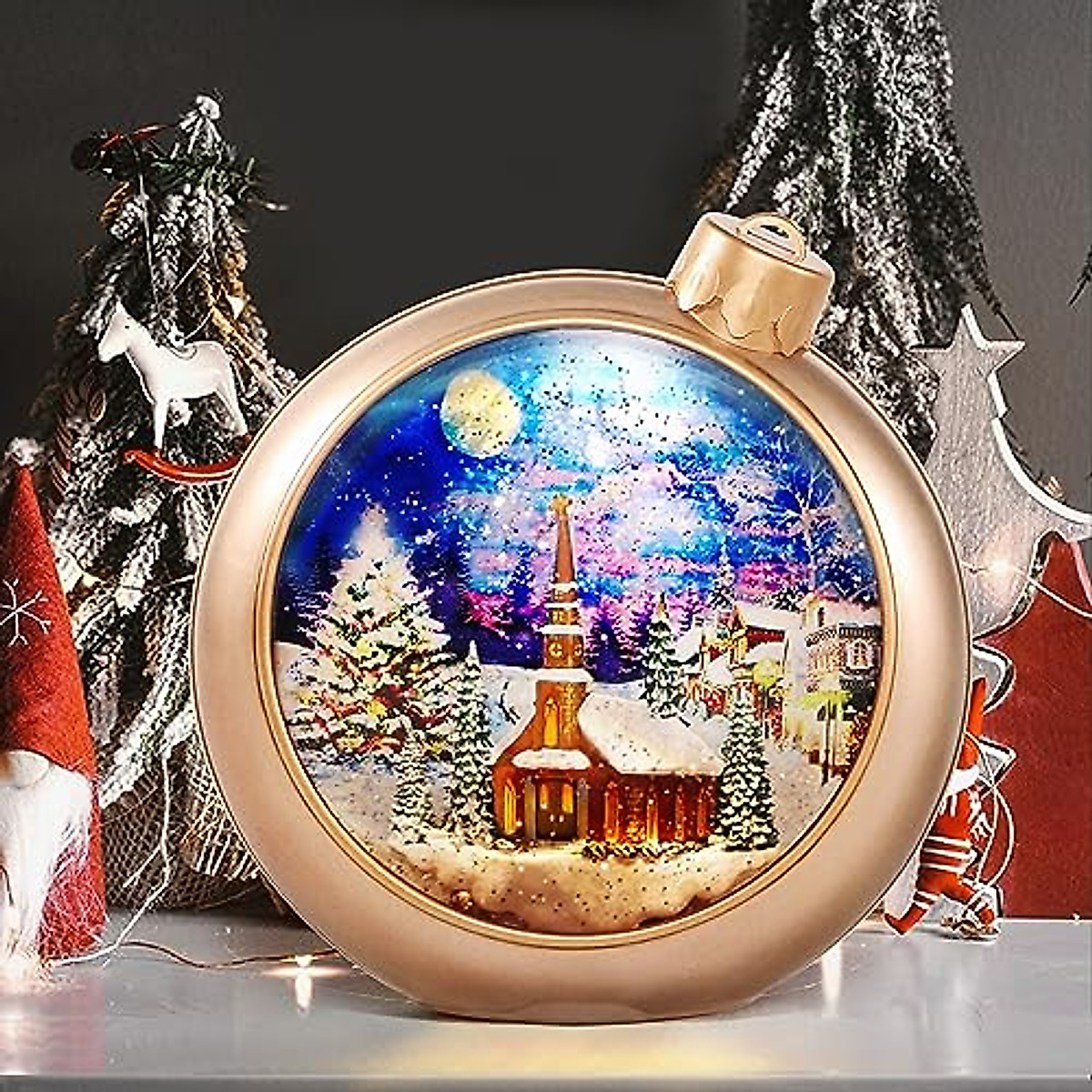 Big Christmas Snow Globes Lighted,6H Timer Snow Globes Bling Snow Globes Christmas Music Box 8 Songs, Golden Round Lantern with Xmas Tree
