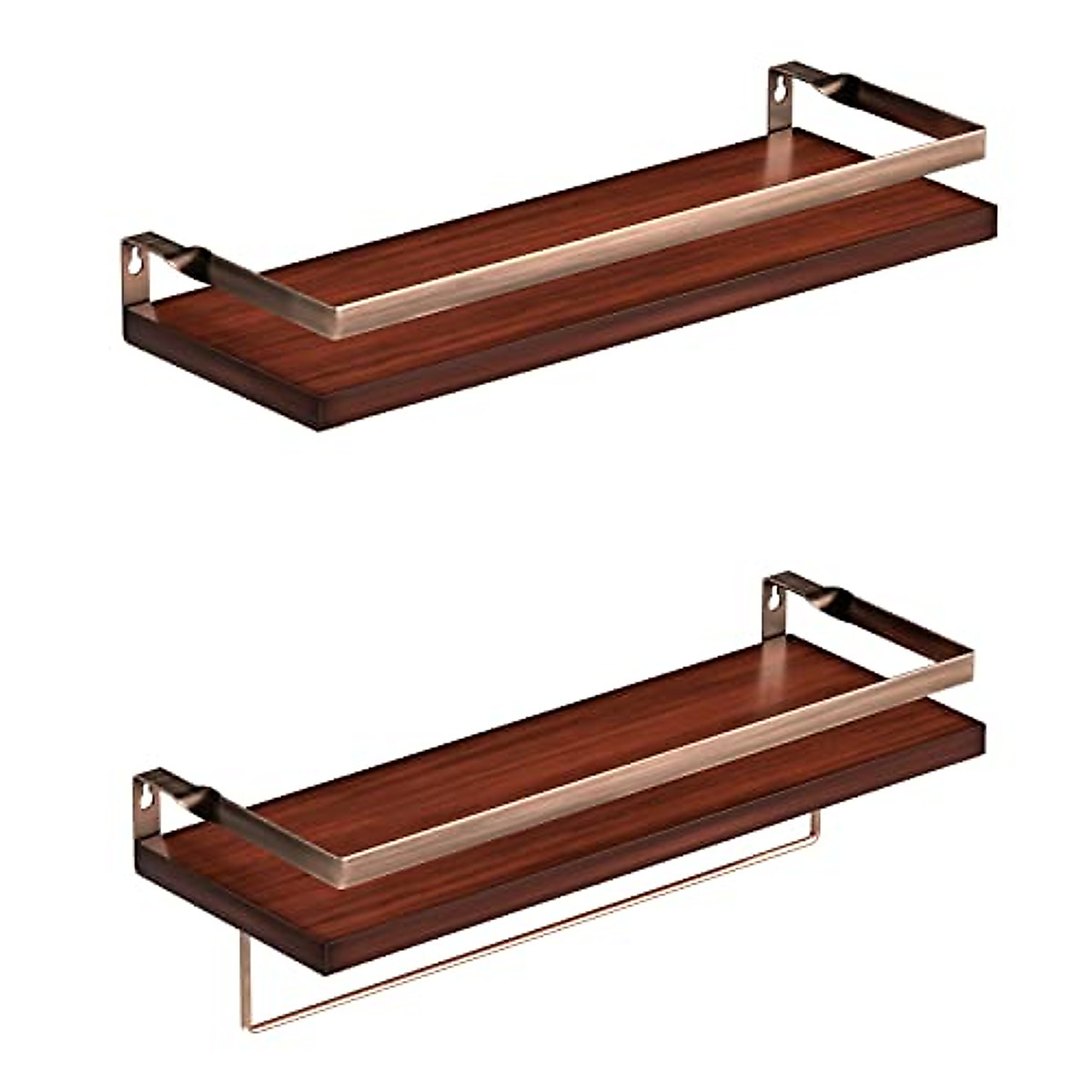 Vdomus Floating Shelves Made of Wood Material 2 Pack, Brown Floating Bathroom Shelves Wall Mounted with Towel Bar for Kitchen
