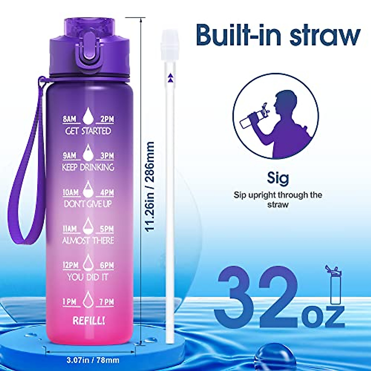 Kymbax 32oz Water Bottle with Time Marker and Straw, Motivational Water Bottle with Handle, Leakproof BPA FREE Tritan Water Jug for School, Gym, Outdoor, Fitness (Ombre Purple Red, 32oz)