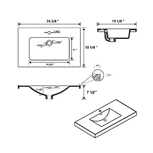 JPND 36" White Bathroom Single Hole Integrated Sink/Countertop, Drop-in Self-Rimming Rectangular Bathroom Vanity Sink Top, 36.38"W x 19.13"D x 7.5"H