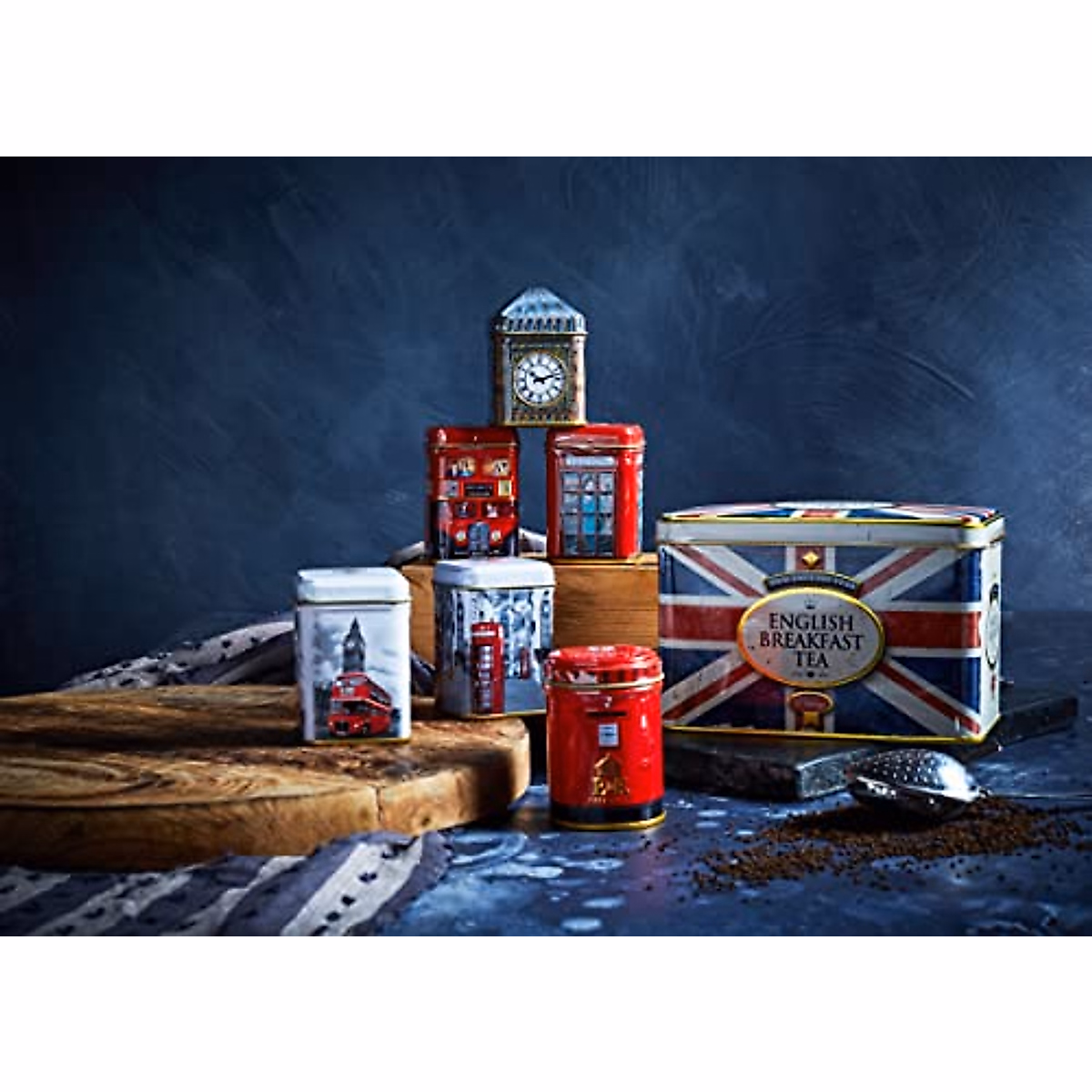 Iconic London Sights 6x Tea Tins with Fine English Breakfast Loose Leaf Tea, British Souvenir, Big Ben, UK Foods