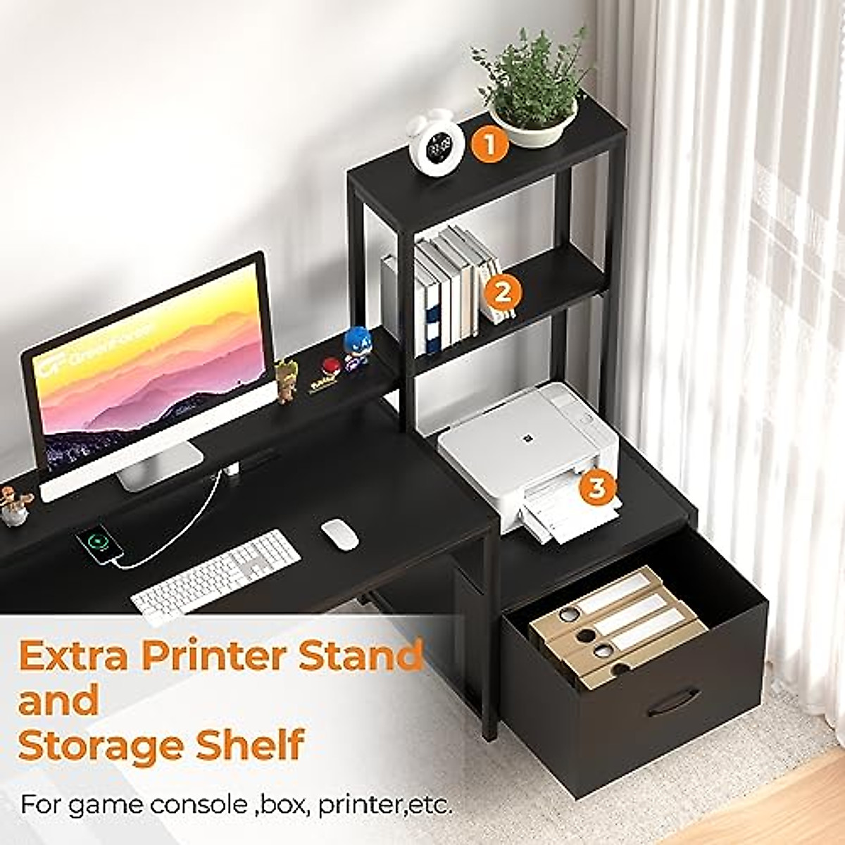 GreenForest 70 in L Shaped Desk with Drawers and Printer Stand and 47 in Computer Home Office Desk with Monitor Stand and Storage Shelves