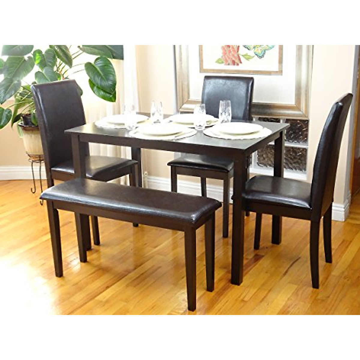 SunBear Furniture Dining Kitchen Solid Wooden Stained Bench Padded Seat Espresso Black Finish
