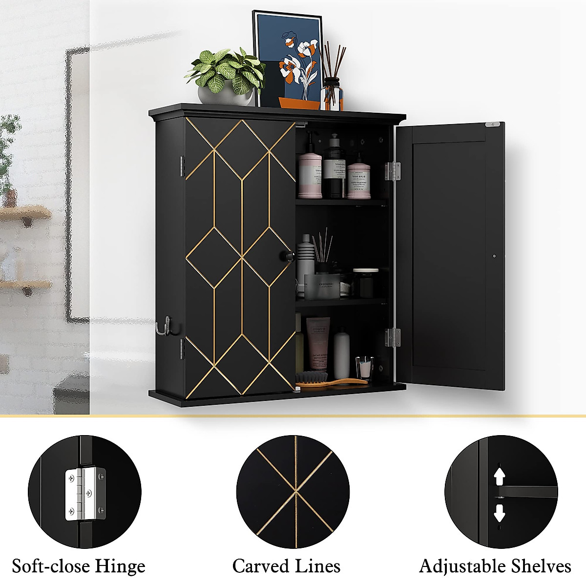 AZODY Bathroom Cabinet with Gold Trim, Wall-mounted Bathroom Storage Cabinet with Adjustable Shelves and Side hooks, Space Saver Medicine Cabinet for Livingroom, Laundry, Classical Black
