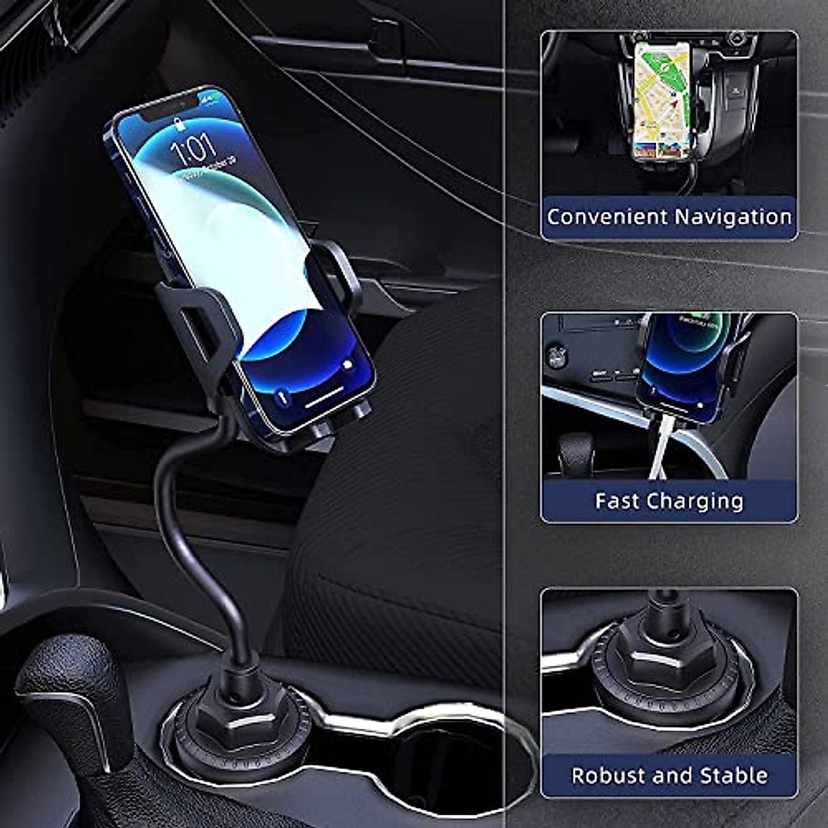 Cup Phone Holder for Car, Car Cup Holder Phone Mount with 360° Rotation Adjustable Long Gooseneck, Car Phone Holder Mount for All Smartphones Cup Holder Phone Holder