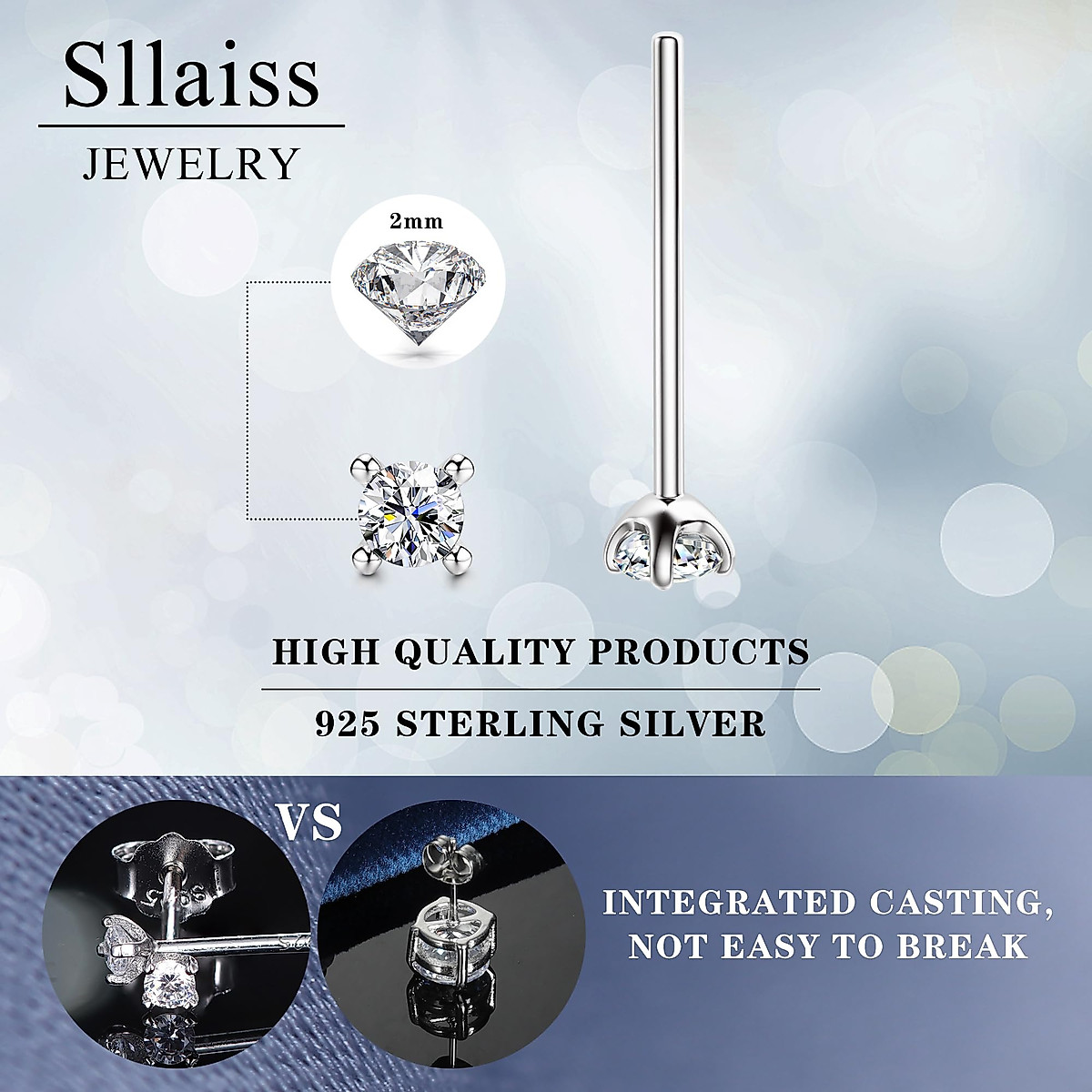 Sllaiss 2mm Sterling Silver Austria Zirconia Stud Earrings for Women Men, Platinum/Gold/Rose Gold Plated Tiny CZ Studs