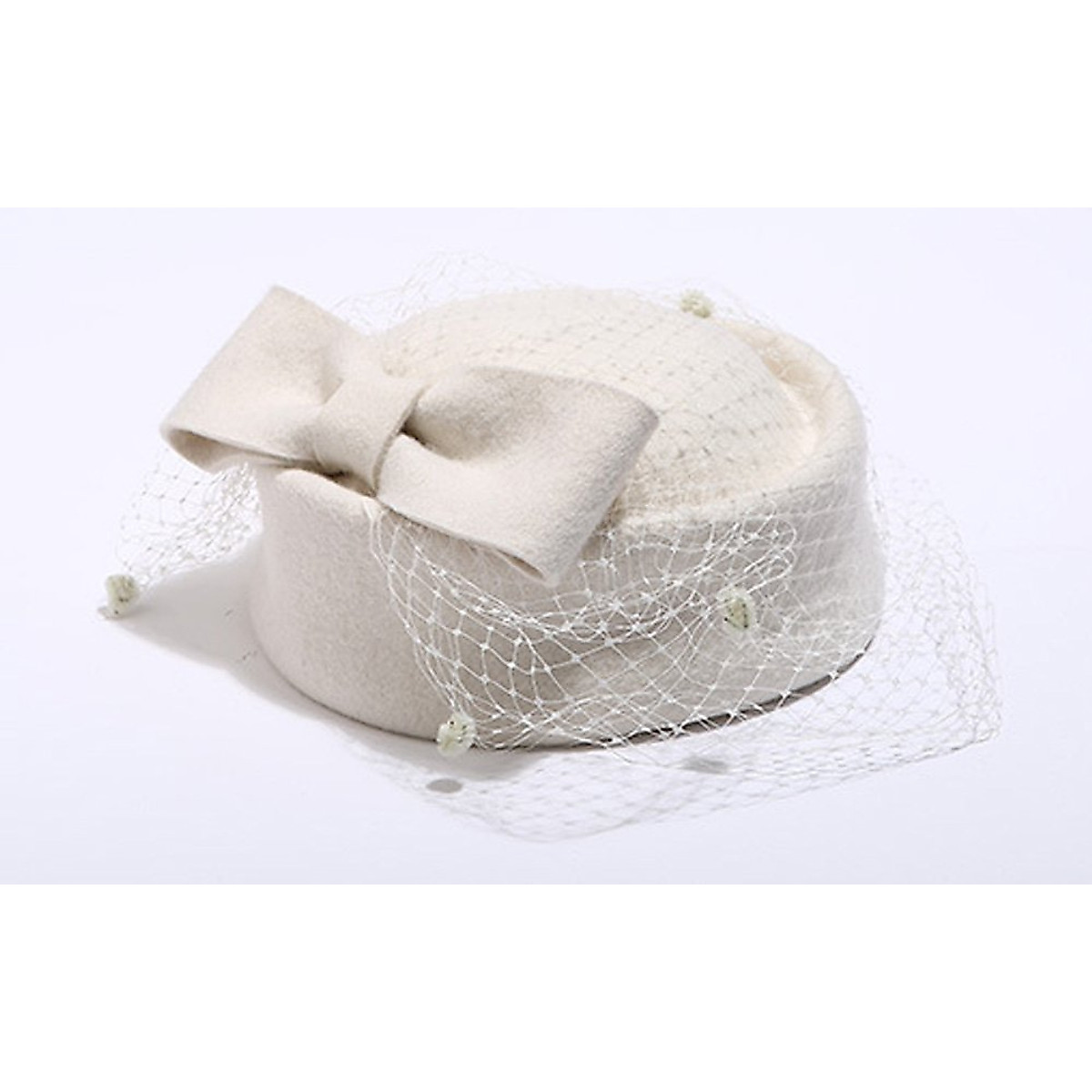Pillbox Hat Fascinator Beret Wedding Party Top Hat Church Wool Hat for Women (Ivory)