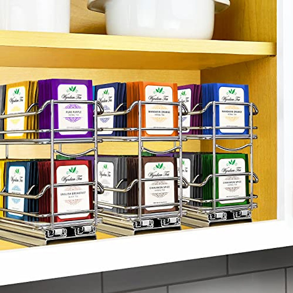 LYNK PROFESSIONAL® Slide Out Tea Bag Holder Organizer - Double Upper Kitchen Cabinet Pull Out Rack, Organize Up To 140 Tea Bags - Lifetime Limited Warranty - Chrome