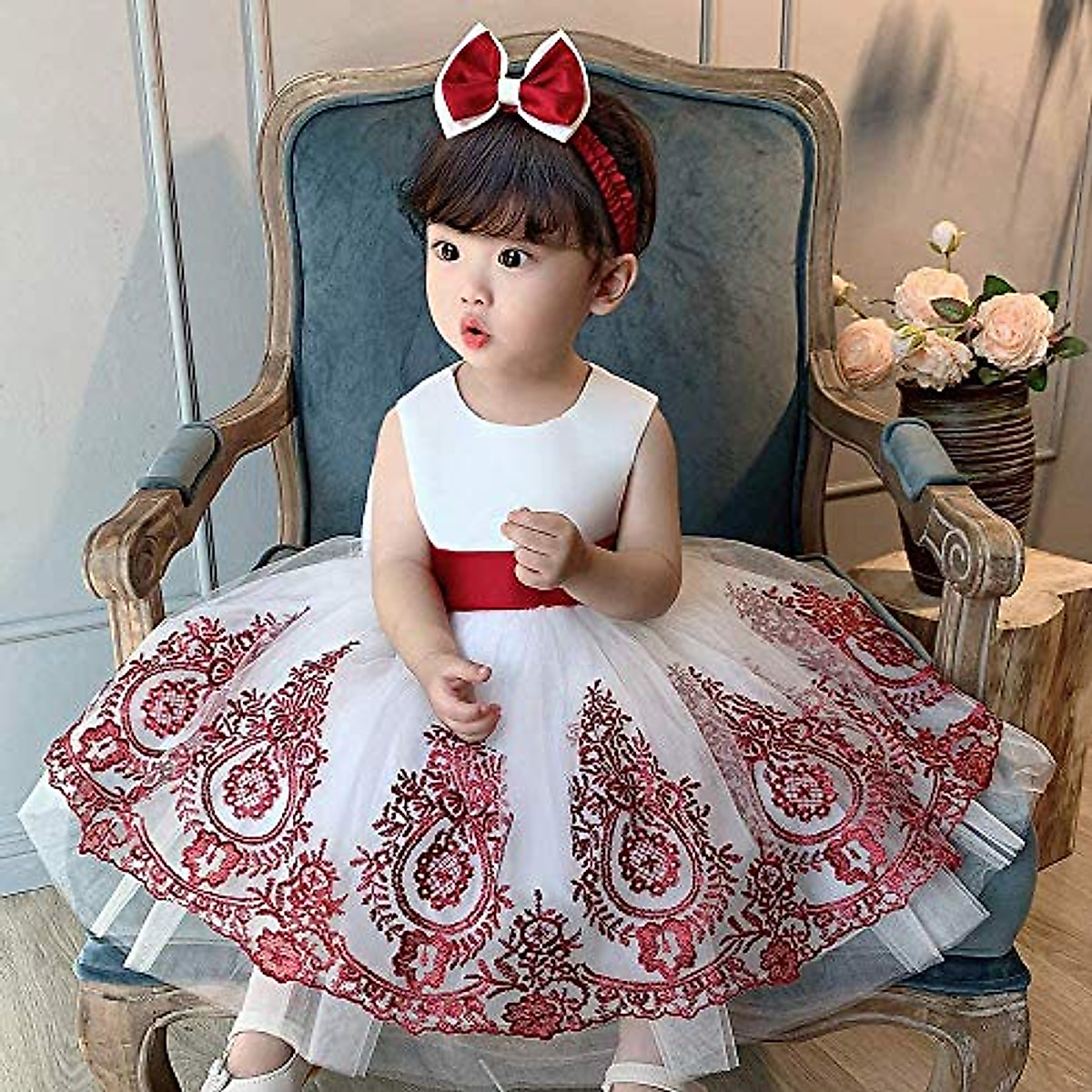AVAZU 0-6T Easter Big Bowknot Pageant Lace Embroidery Dress Toddler Baby Girls Party Ball Gown Dress Tutu Gown Formal Dresses with Headwear Red+White 70
