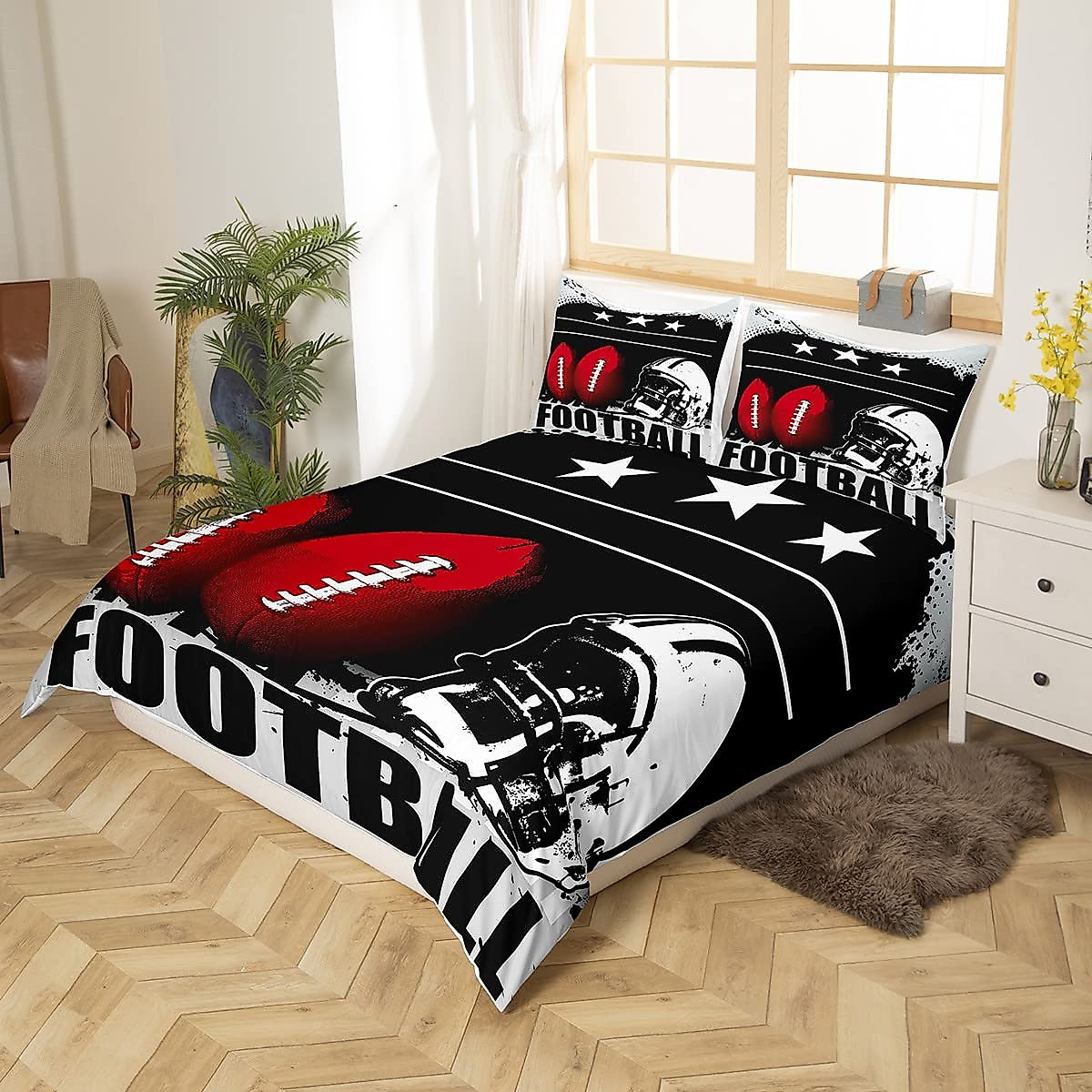 Football Duvet Cover Sports Bedding Set Soccer Ball Black White Red Comforter Cover for Boys Girls Children Teens Bedroom Decor 3D America Football Bedspread Cover Full Size with 2 Pillow Case