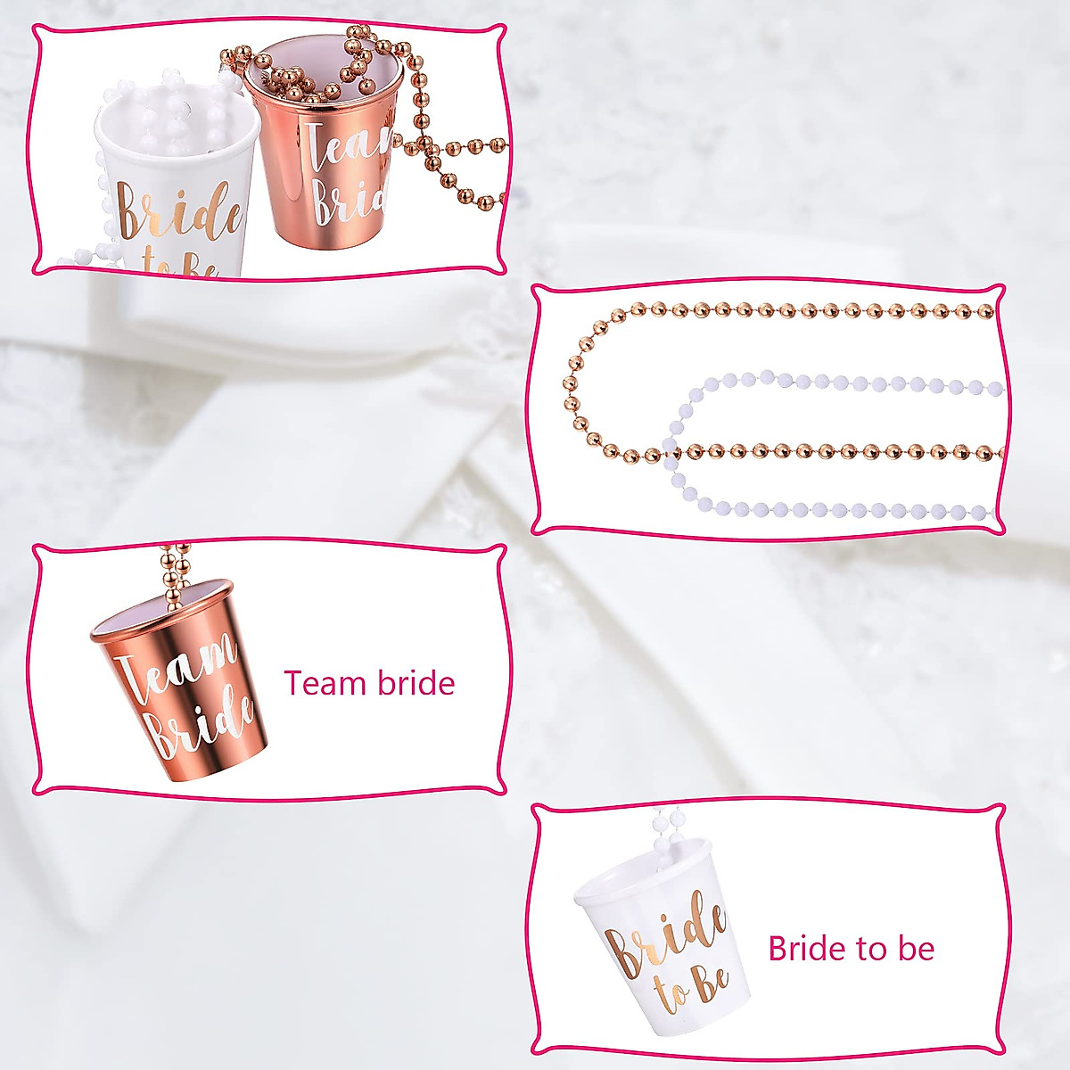 Maitys 12 Pieces Bride Plastic Beaded Bridal Shot Glass Necklace Gold Foil for Bachelorette Party Bridal Party Necklaces (White, Rose Gold)