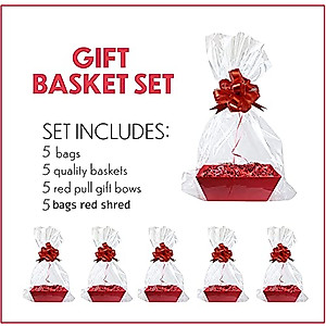 [5 Pk] 10x12” Red Large Big Basket for Gifts Empty, Basket Bags, Red Pull Bows, Crinkle Cut Paper Shred Filler| Bulk DIY Gift Set Kit| Valentines, Christmas, Easter, Wedding, Wine| Gift to Impress-UMP