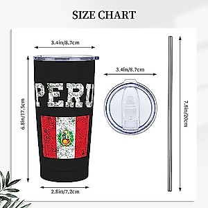 Peru Flag Peruvian Stainless Steel Vacuum Insulated Tumbler 20oz Coffee Cups Travel Mug Car Drinking Cup With Leak-Proof Flip Lid Metal Straw Cleaning Brush Gift For Men Women