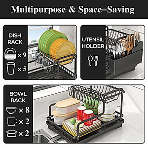 Famhap Dish Drying Rack, Large 2 Tier Dish Racks for Kitchen Counter, Durable Stainless Steel Kitchen Drying Rack with a Cutlery Holder, Drying Rack for Dishes, Knives, Spoons, and Forks