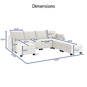 Naomi Home Elizabeth Modular Sectional Sofa Linen U Shaped Couch with Ottomans Convertible Sectional Couch 7-Seater Sofa with Storage Seat, L- Shaped Sectional Sofa - White Down