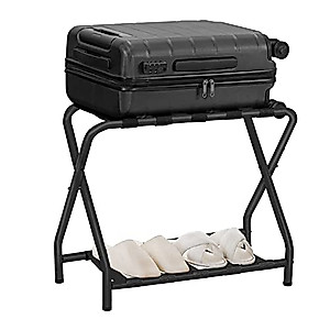 HOOBRO Luggage Racks Set of 2, Folding Suitcase Stand for Guest Room, Metal Luggage Holder with Storage Shelf, Bedroom, Hotel, Black BK03XLP201G2